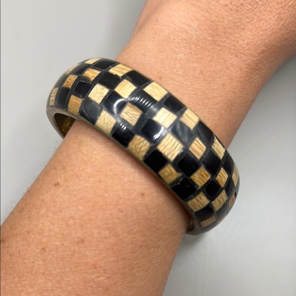 Jewelry | Vintage Gold Tone Mosaic Wood Checkered Large Cuff Bangle Statement Bracelet | Poshmark